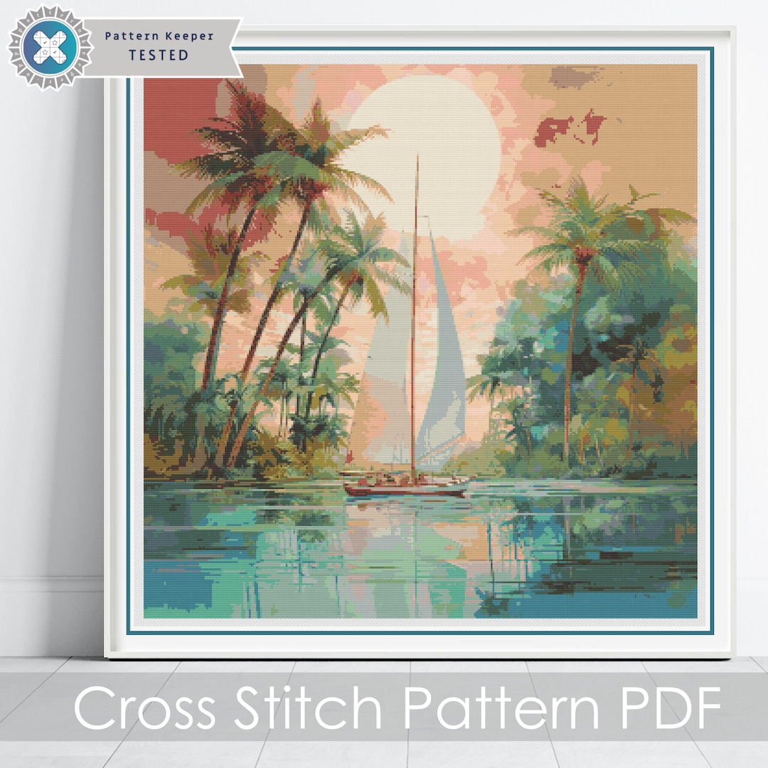 Tropical Sailboat Cross Stitch Pattern, Island Sailing Digital Cross ...