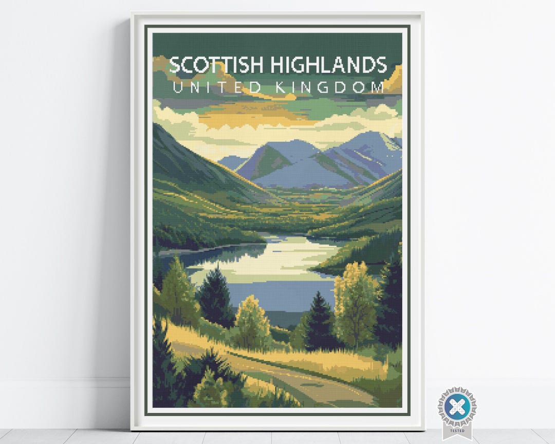 Scottish Highlands Cross Stitch Pattern | Retro Travel Poster Style ...