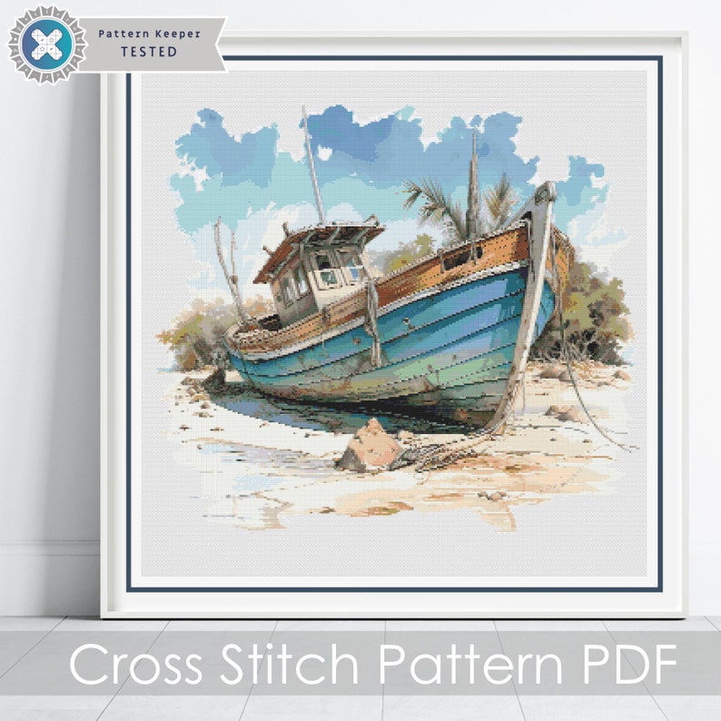 Boat on a Beach Cross Stitch Pattern, Island Beach Boat Digital Cross ...