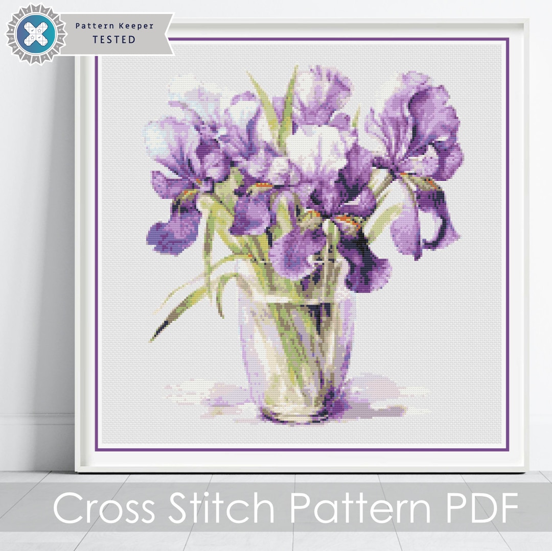 Dutch Iris Counted Cross Stitch PDF Pattern, Dutch Iris in a Vase Cross Stitch Pattern, Purple ...