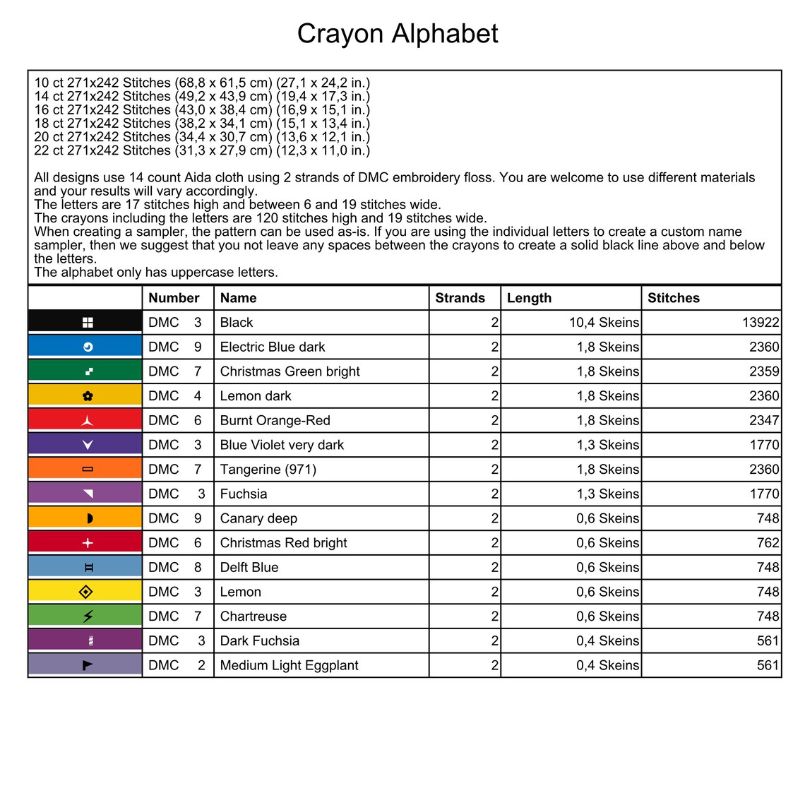 Crayon Alphabet Cross Stitch Chart / Digital PDF Pattern Download ...