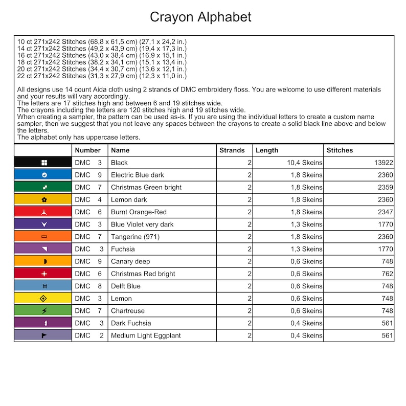Crayon Alphabet Cross Stitch Chart / Digital PDF Pattern Download ...