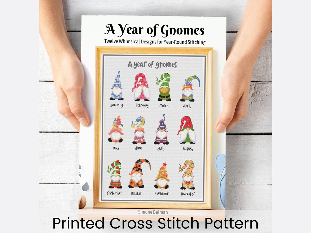 Printed A Year of Gnomes Cross Stitch Pattern Book, Monthly Gnome ...