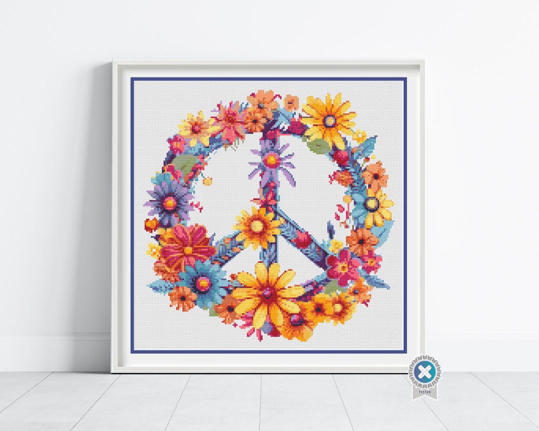 Retro Floral Peace Sign Cross Stitch Pattern: Groovy Hippie Embroidery ...