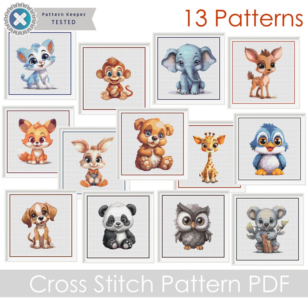 Baby Animal Cross Stitch PDF Patterns, Set of 13 Modern DIY Nursery Decor Cross Stitch Patterns ...