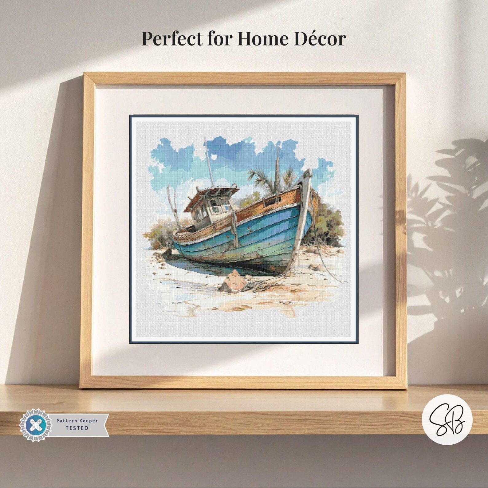 Boat on a Beach Cross Stitch Pattern, Seaside Ocean Coastal Embroidery ...
