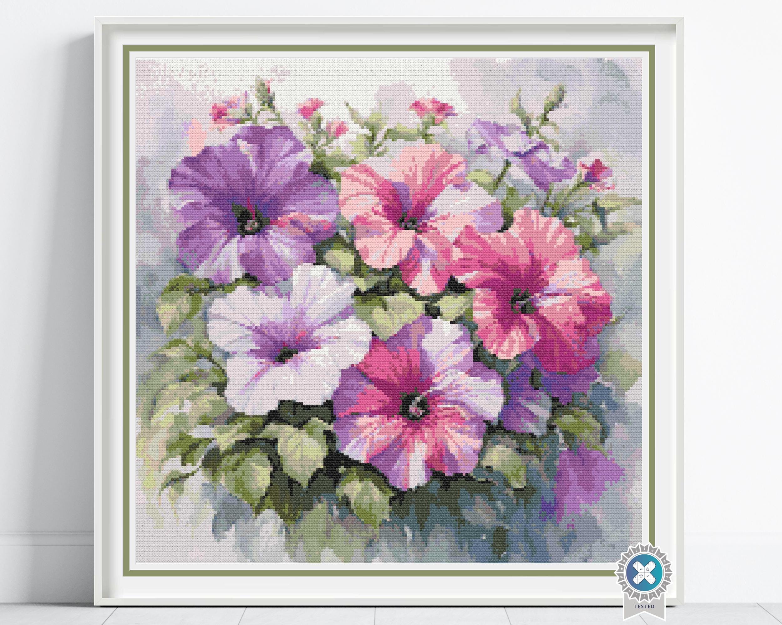 Petunia Flowers Cross Stitch Pattern Pink and Purple Full Coverage ...