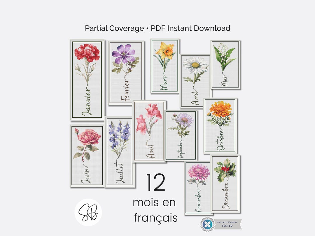 French Birth Month Flowers Cross Stitch Pattern Bundle, Floral ...