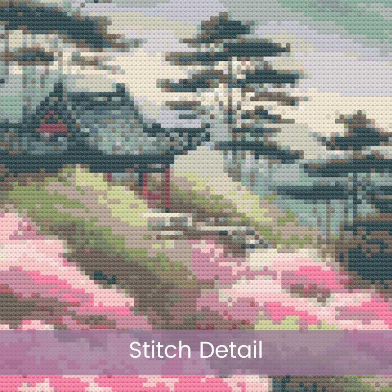 Chinese Landscape Cross Stitch Pattern, Cherry Blossom Design, Pagoda ...