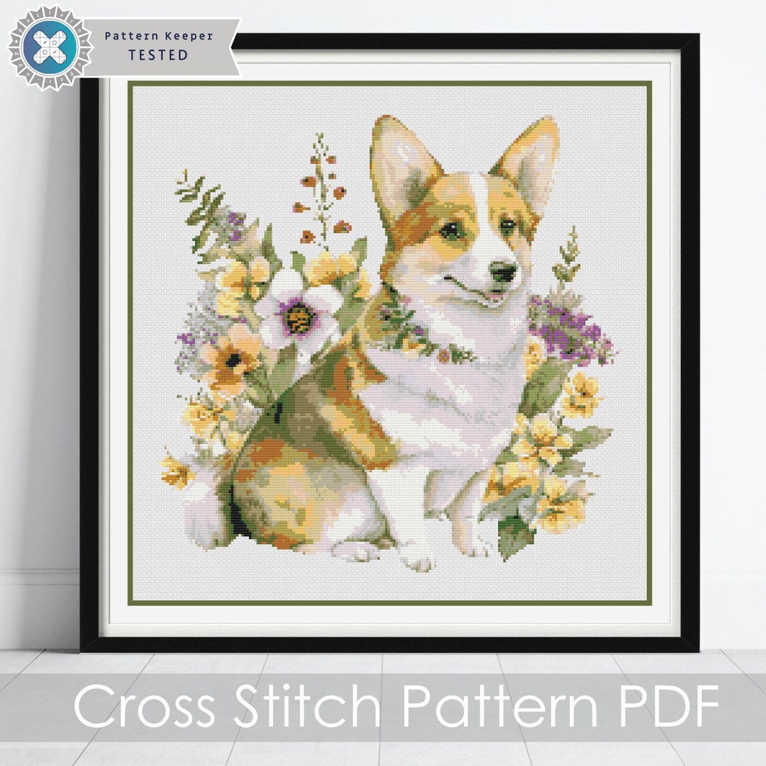 Corgi With Flowers Cross Stitch Pattern / Watercolor Corgi Digital PDF Cross Stitch Pattern ...