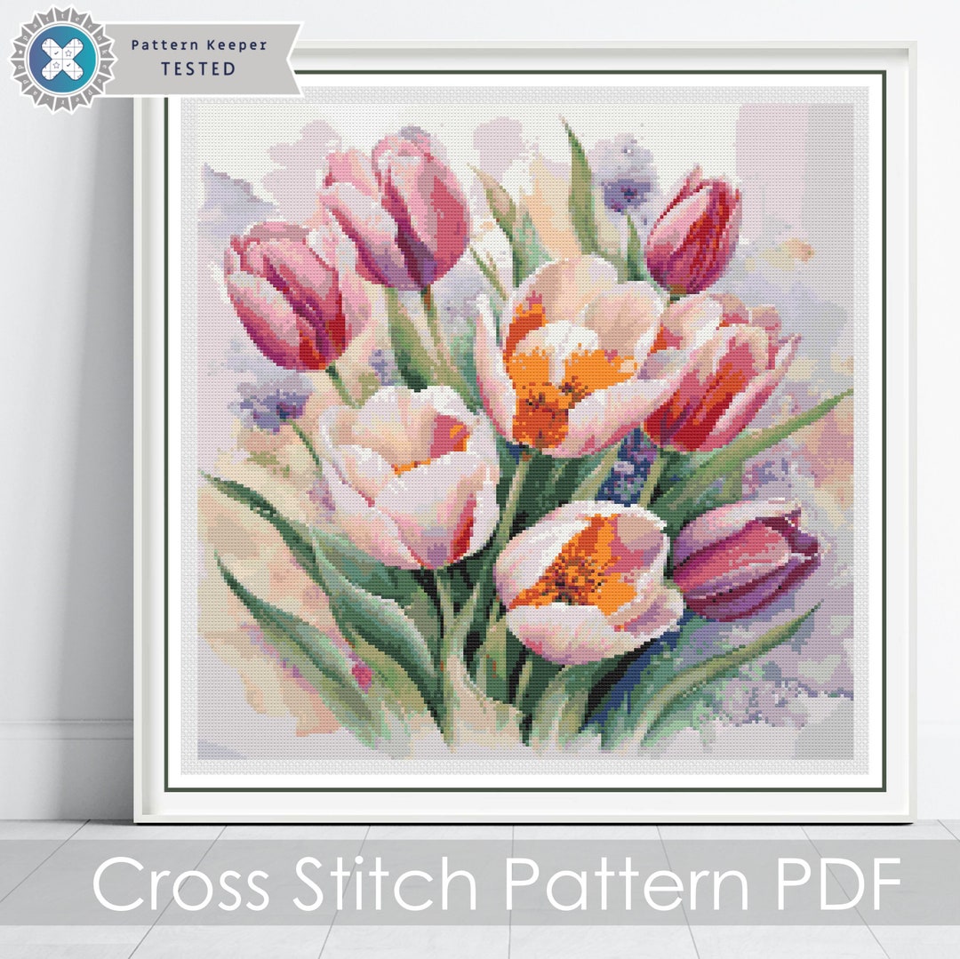 Tulip Flowers Counted Cross Stitch Pattern, Full Coverage Bunch of ...