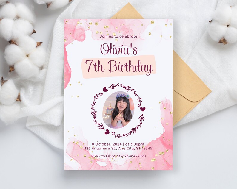Pink Birthday Invitation Card Template Girls Party Invite - Etsy