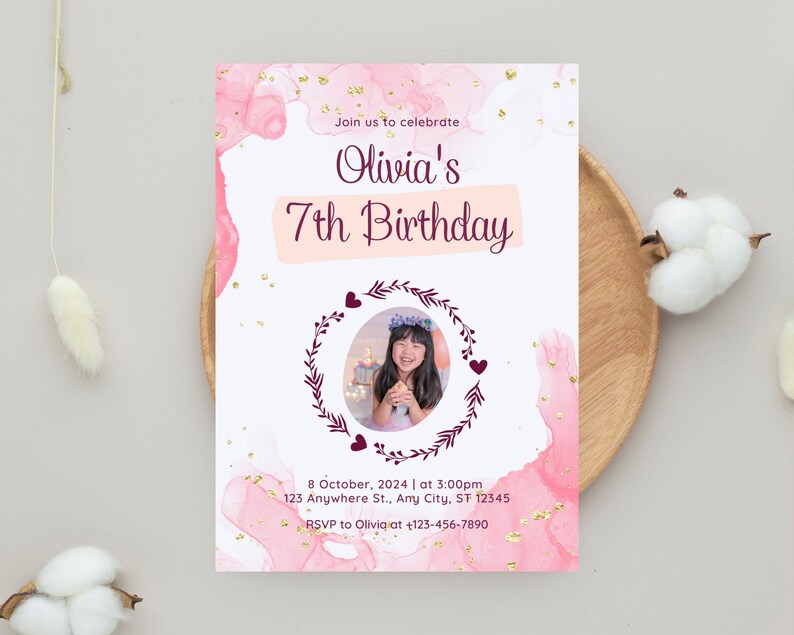 Pink Birthday Invitation Card Template Girls Party Invite - Etsy