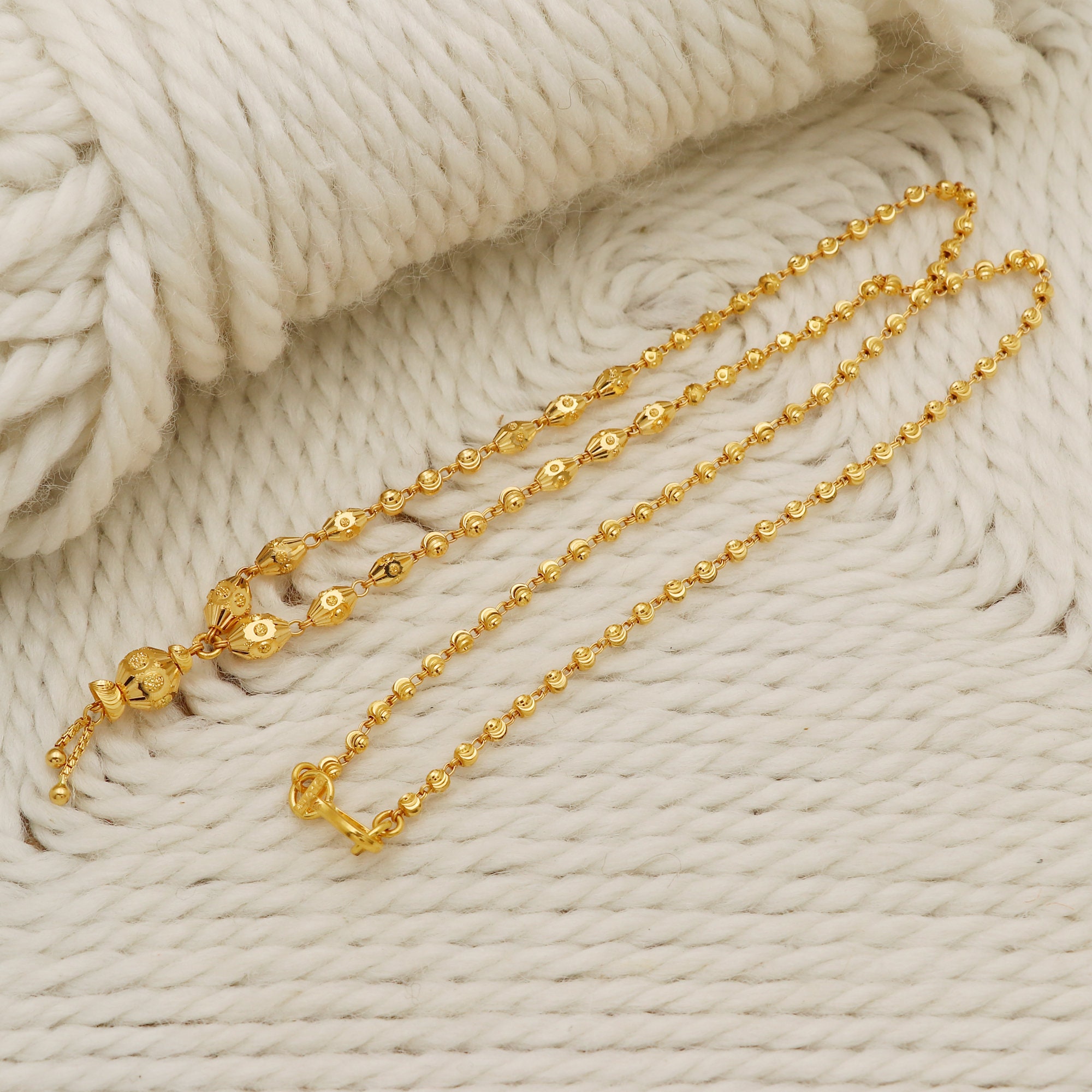 22k Solid Gold Bead Drop Necklace, BIS Hallmark 916 Diamond Cut Station ...