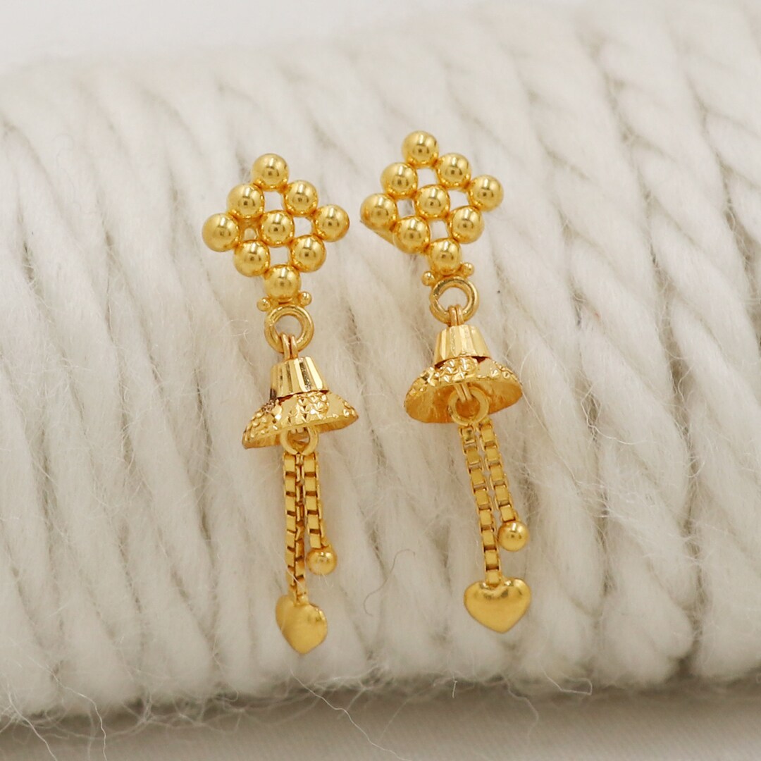 22k Yellow Gold Tiny Light Weight Dangling Stud Earrings for Your Daily ...