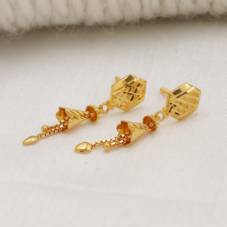 22k Yellow Gold Tiny Light Weight Dangling Stud Earrings for Your Daily ...