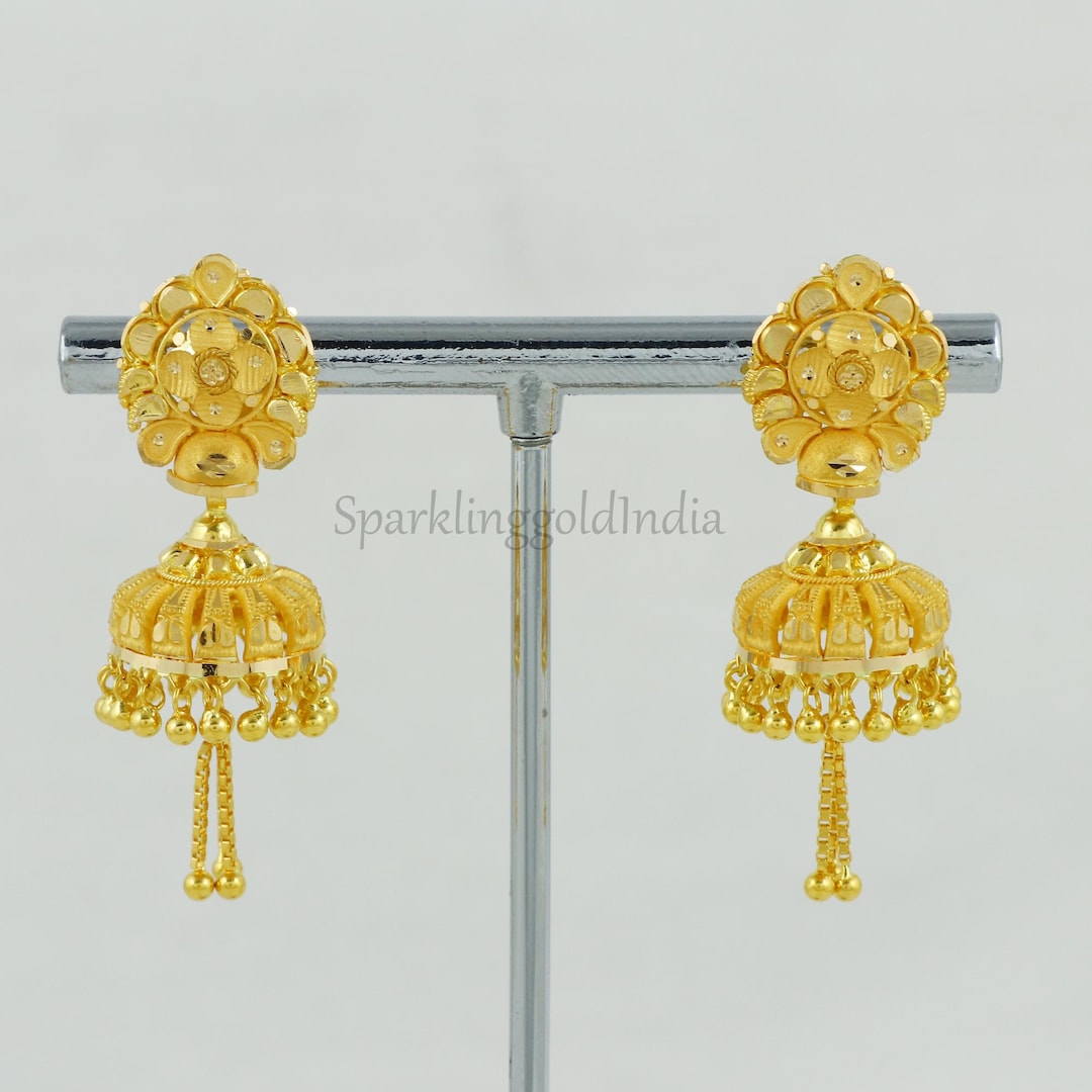 Jhumka 22k Yellow Gold Hallmarked Dangling Stud Jhumki Earrings ...