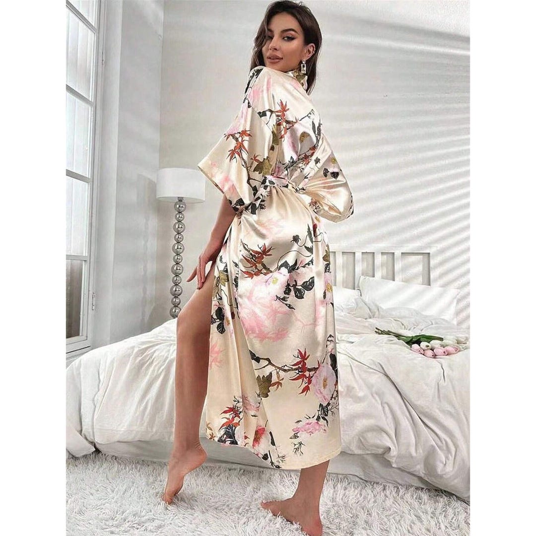 Personalized Long Satin Floral Robe With Name, Custom Kimono Bathrobe ...