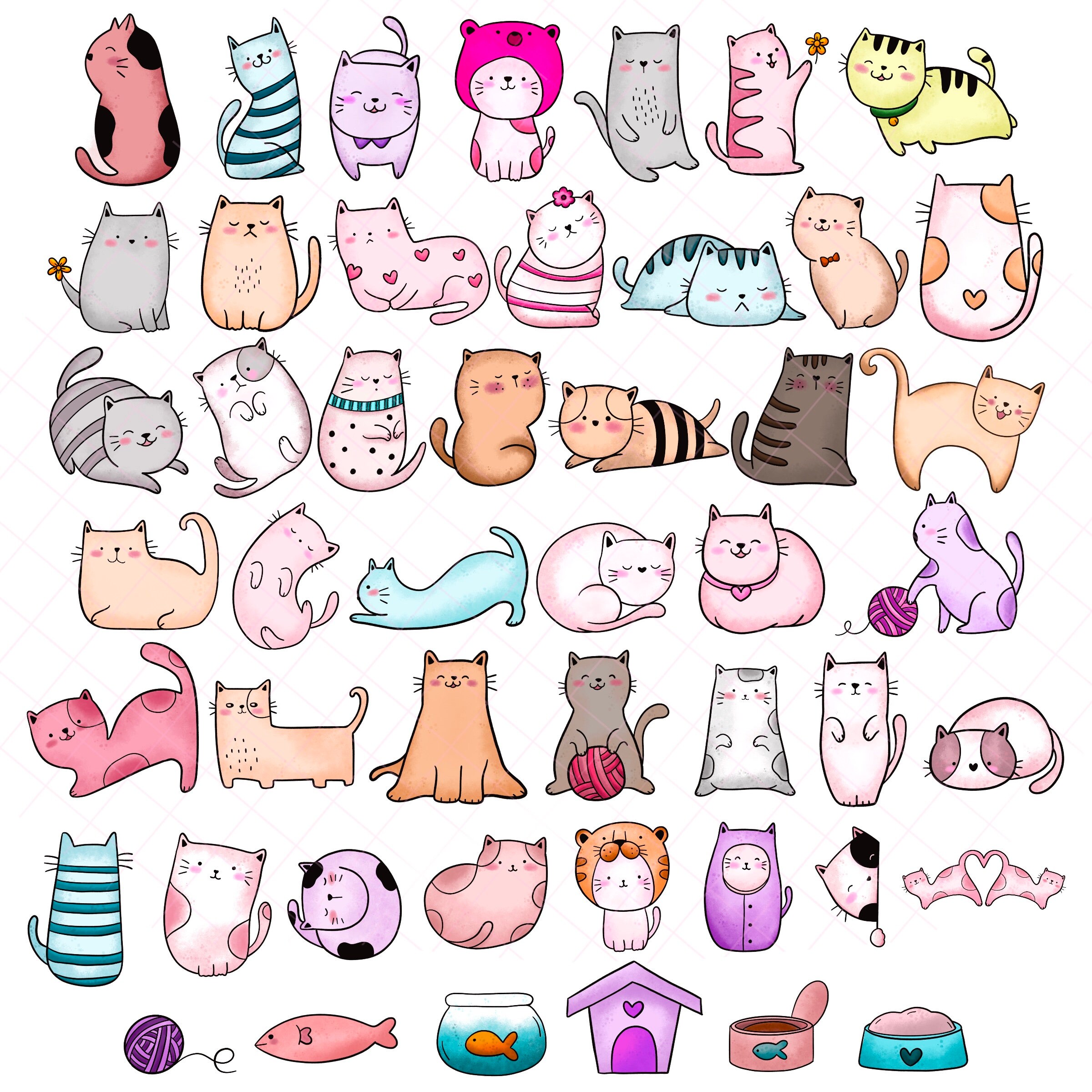 Cute Cats Clipart Sticker Cute Cat Doodle Kitten Clipart Kitty Icons ...