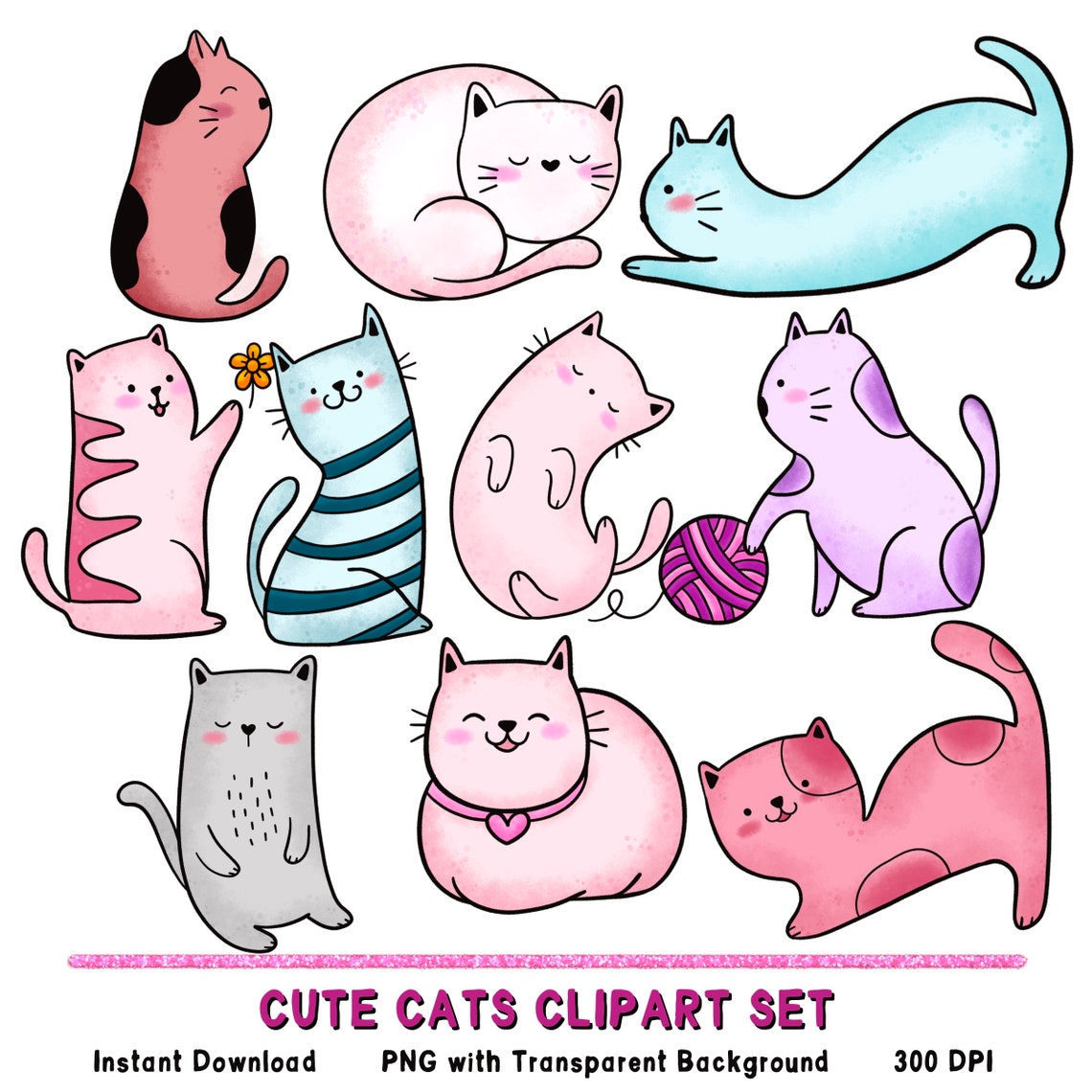 Cute Cats Clipart Sticker Cute Cat Doodle Kitten Clipart Kitty Icons ...