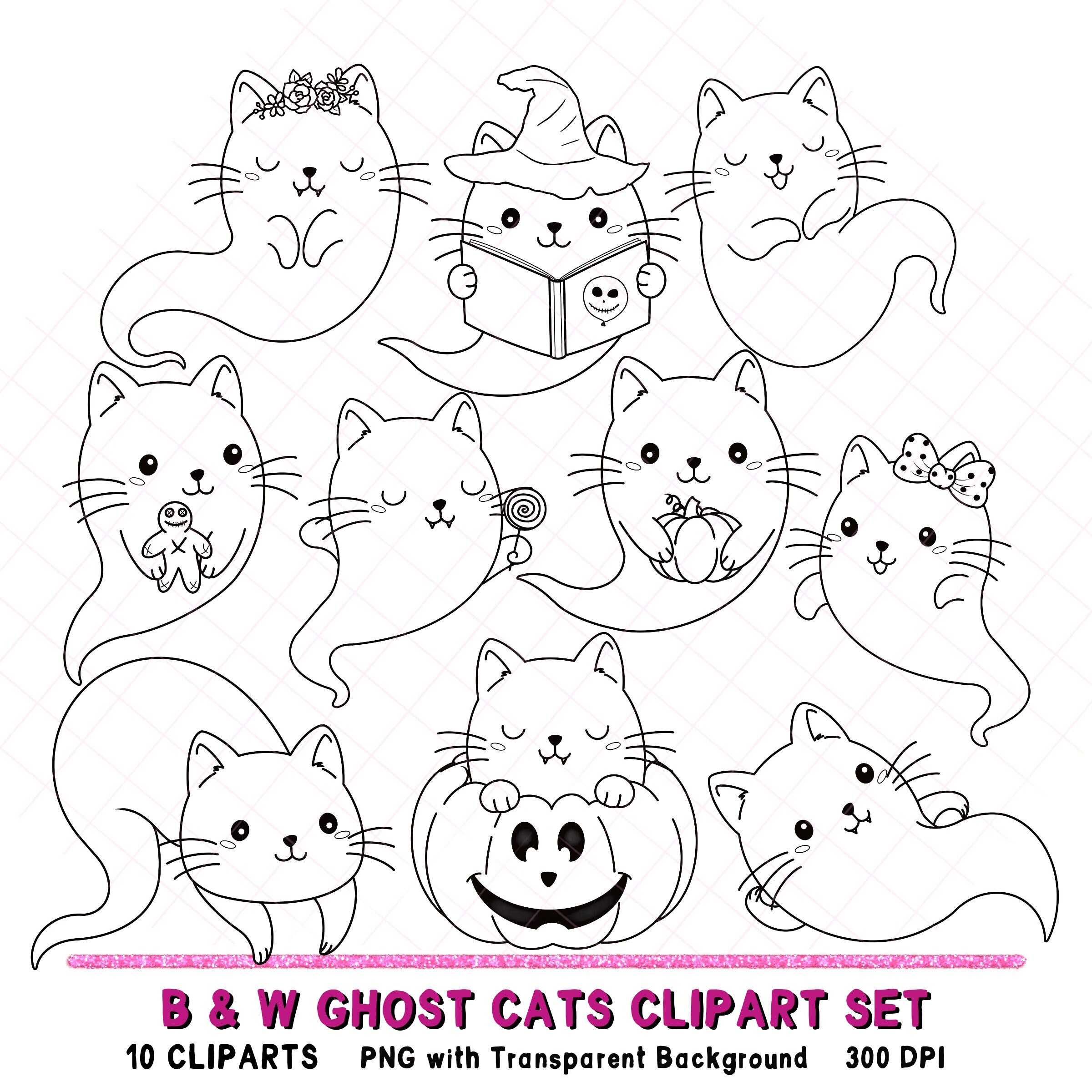Black and White Ghost Cats Clipart Set, Cat Halloween Stickers, Cats ...