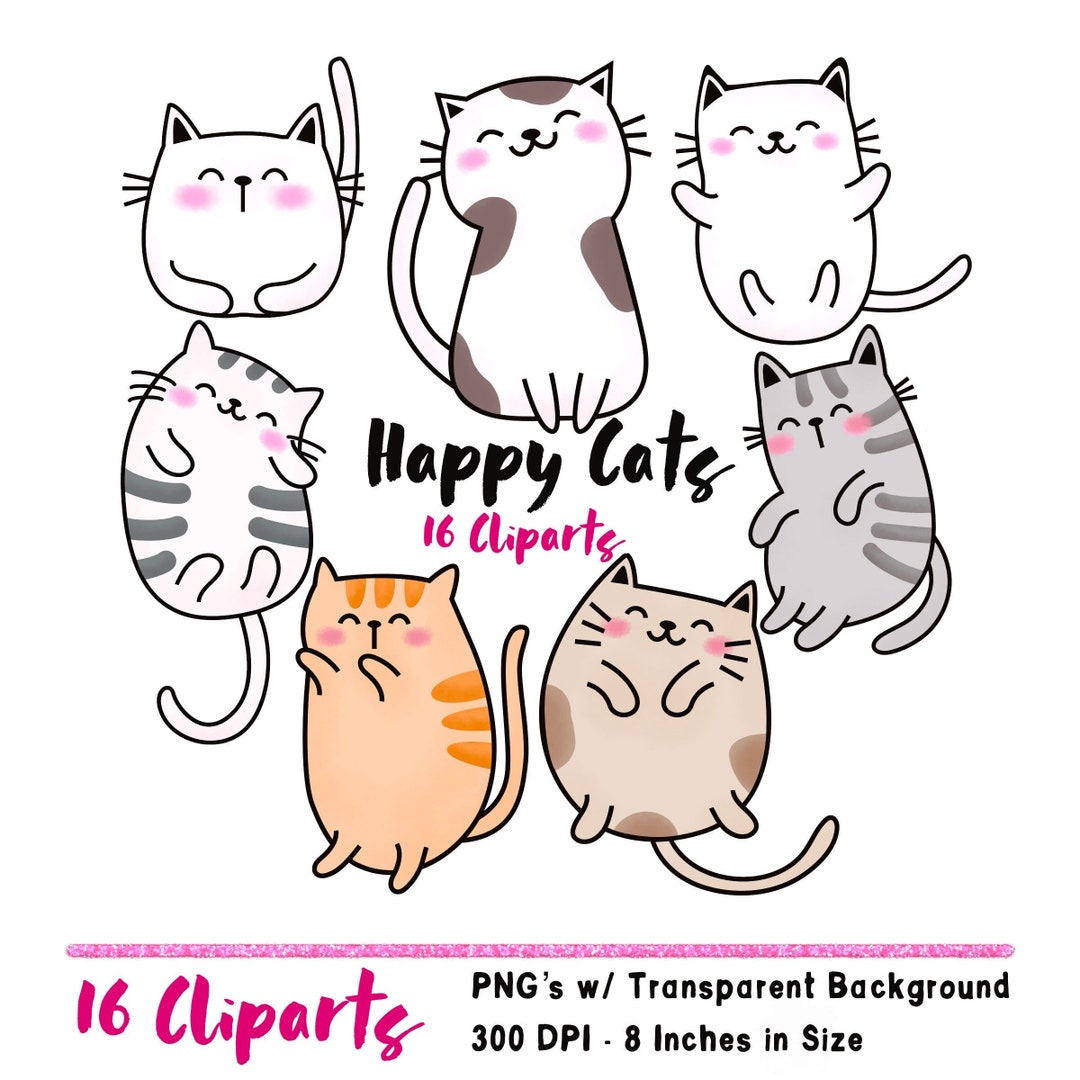Happy Cats Clipart Sticker Cute Cat Doodle Kitten Clipart Kitty Icons ...