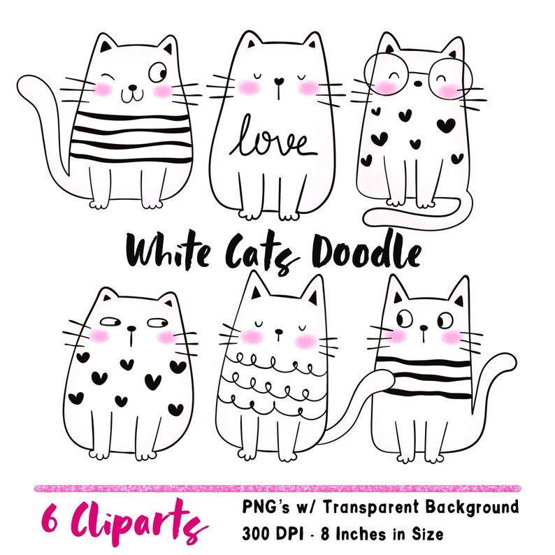 Cute White Cat Clipart Sticker Cat Doodle Clipart Kitten Clipart Kitty ...