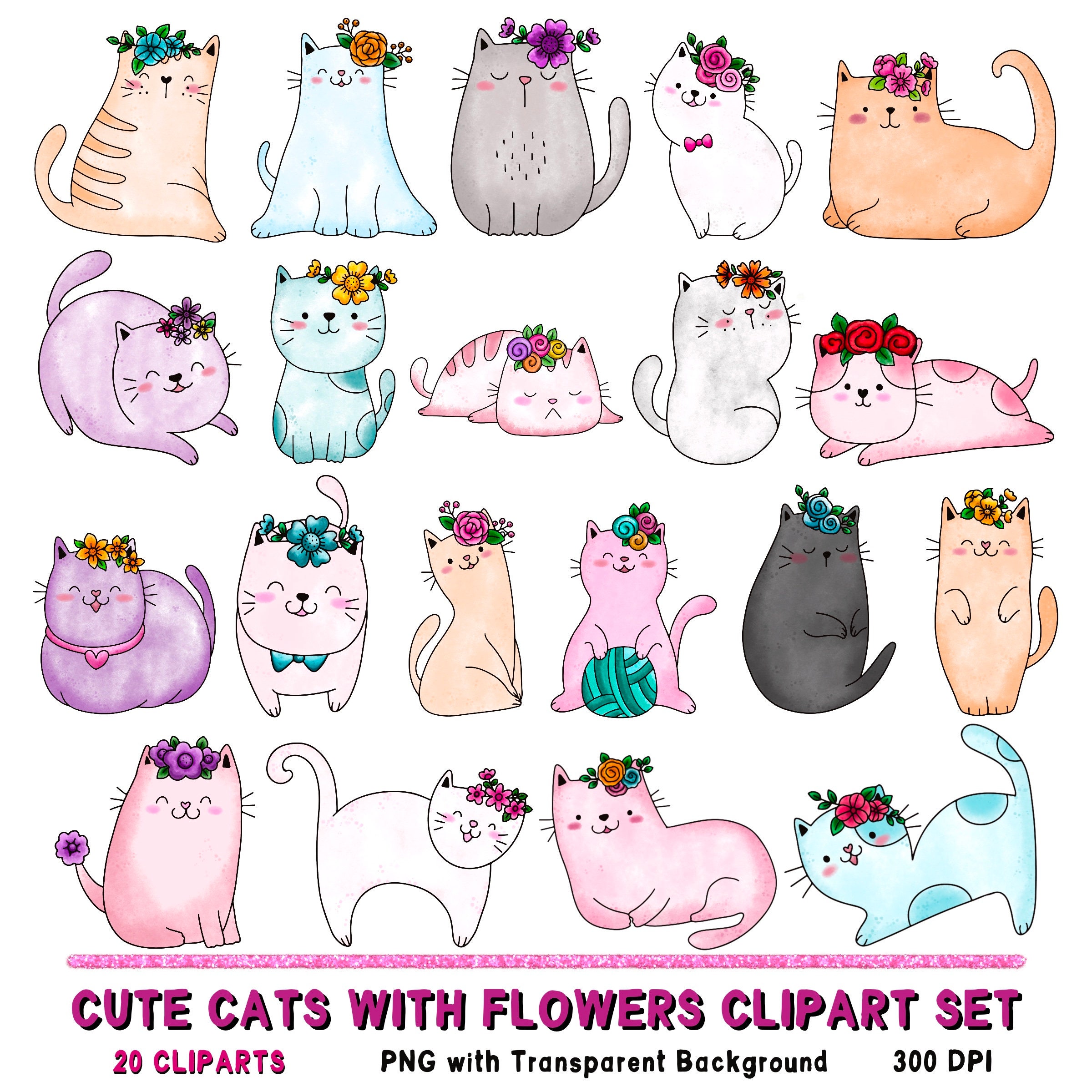 Cute Cats Clipart Stickers Cute Cat Doodle Kitten Clipart Kitty Icons ...