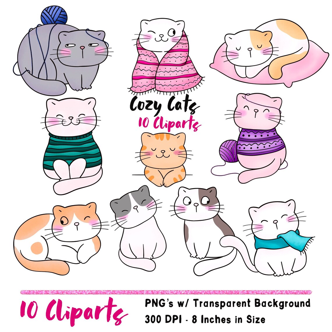 Cozy Cats Clipart Sticker Cute Cat Doodle Clipart Kitten Clipart Kitty ...