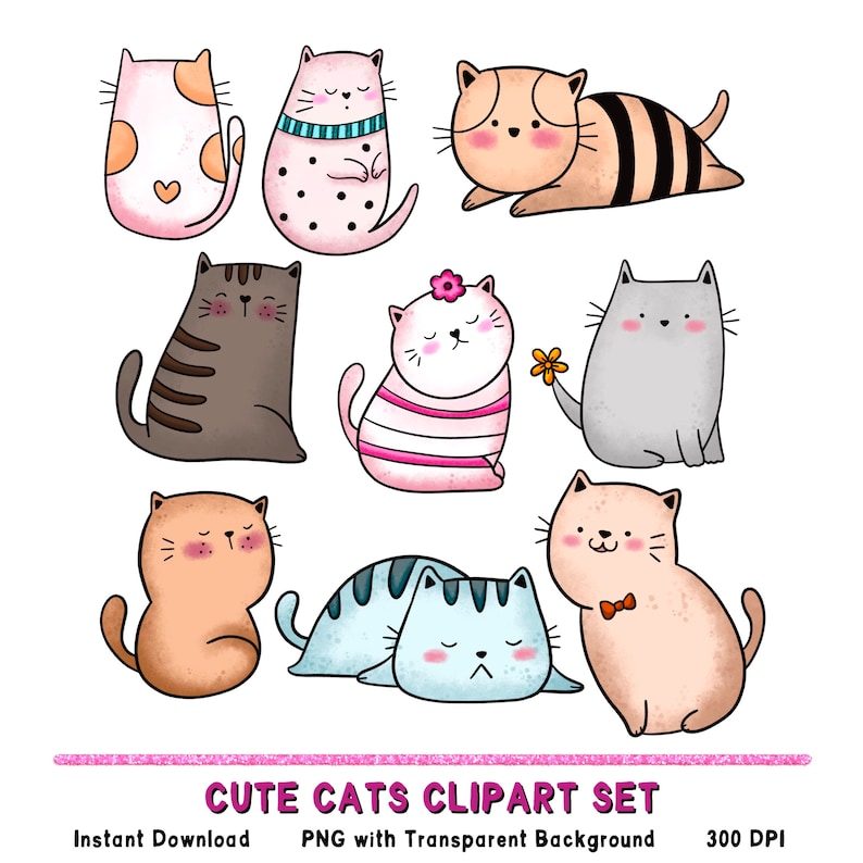 Cute Cats Clipart Sticker Cute Cat Doodle Kitten Clipart Kitty Icons ...