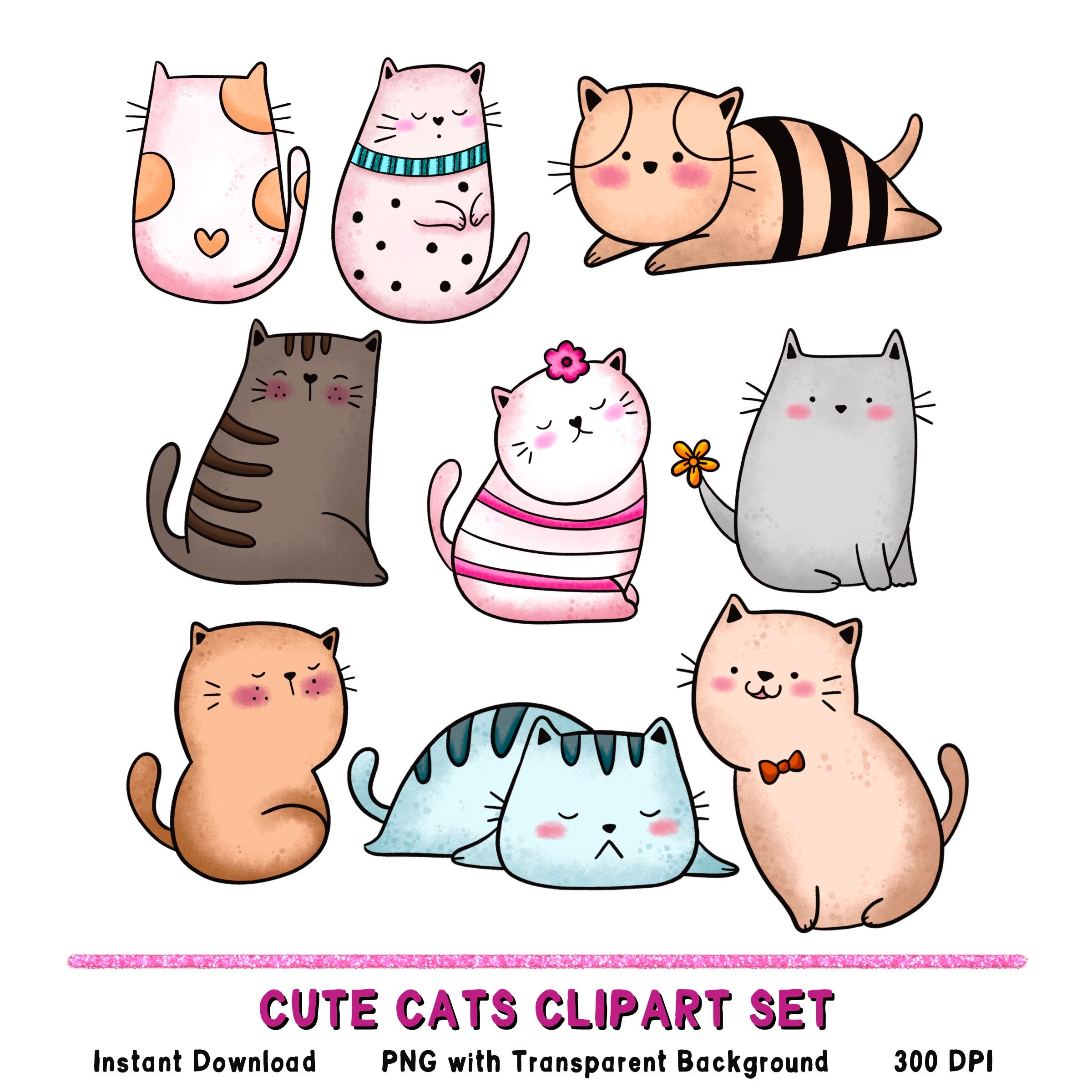 Cute Cats Clipart Sticker Cute Cat Doodle Kitten Clipart Kitty Icons ...