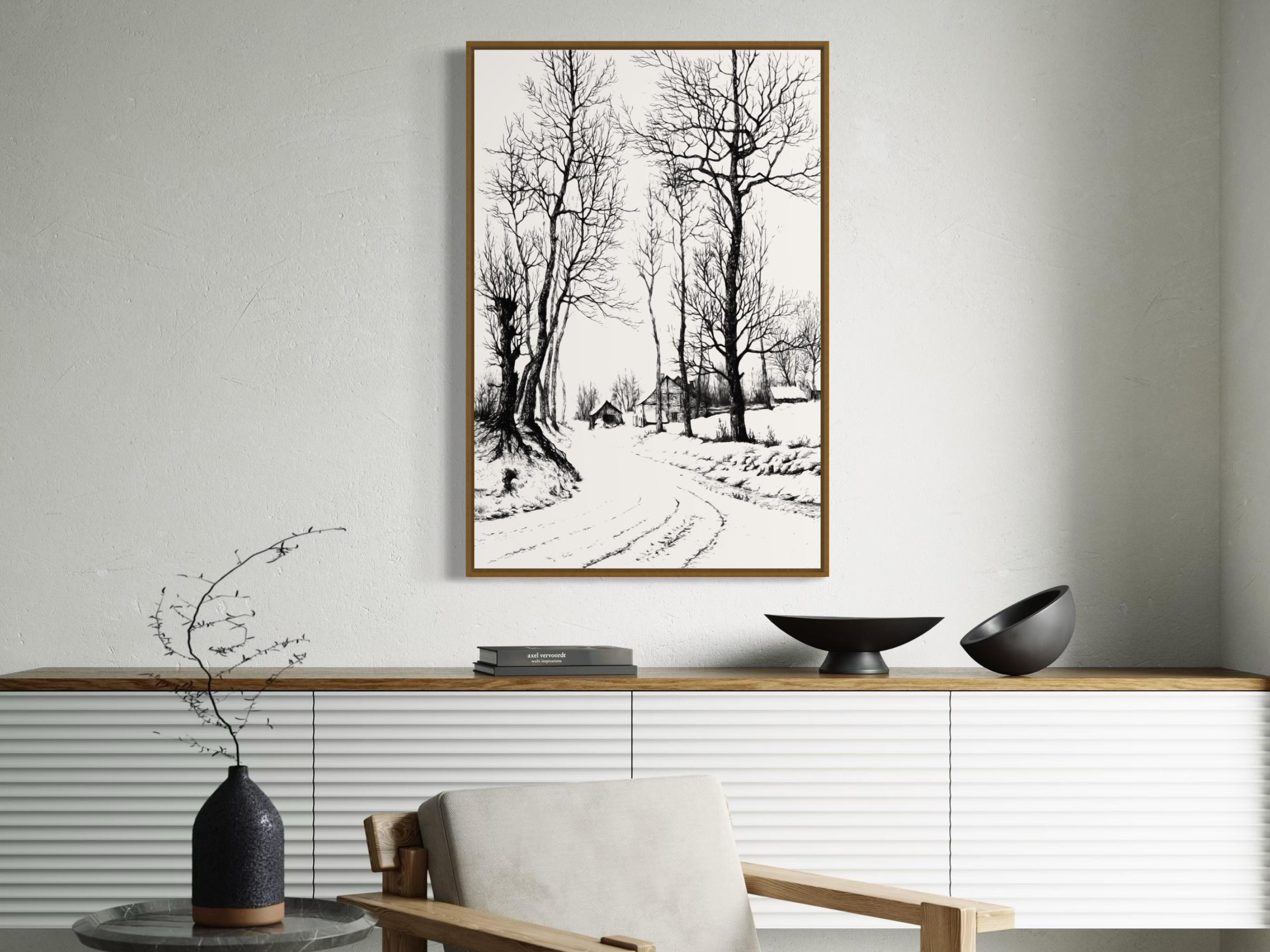 Black and White Winter Landscape Etching | Printable Wall Art | Digital ...