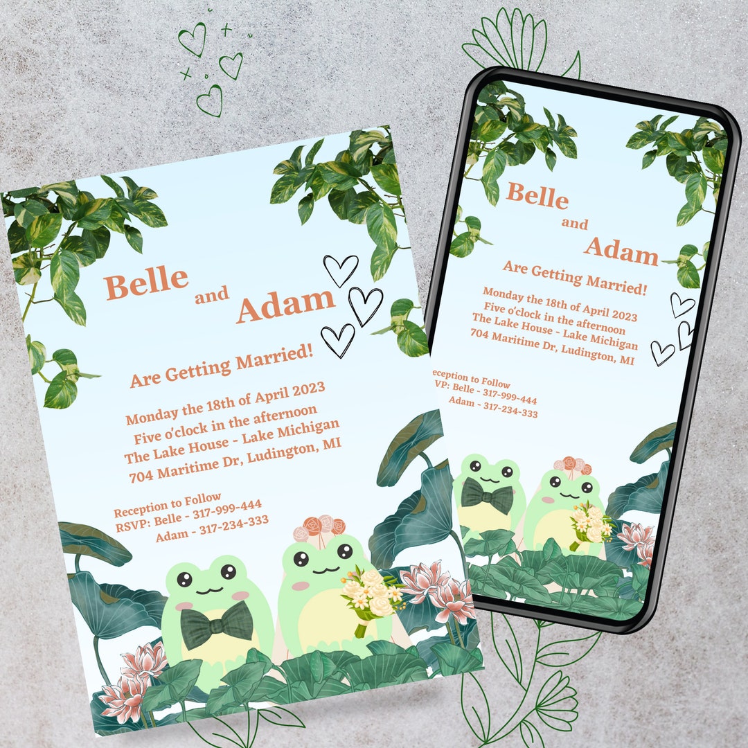 Cute Cartoon Frog Wedding Invitation Template, Digital Wedding ...