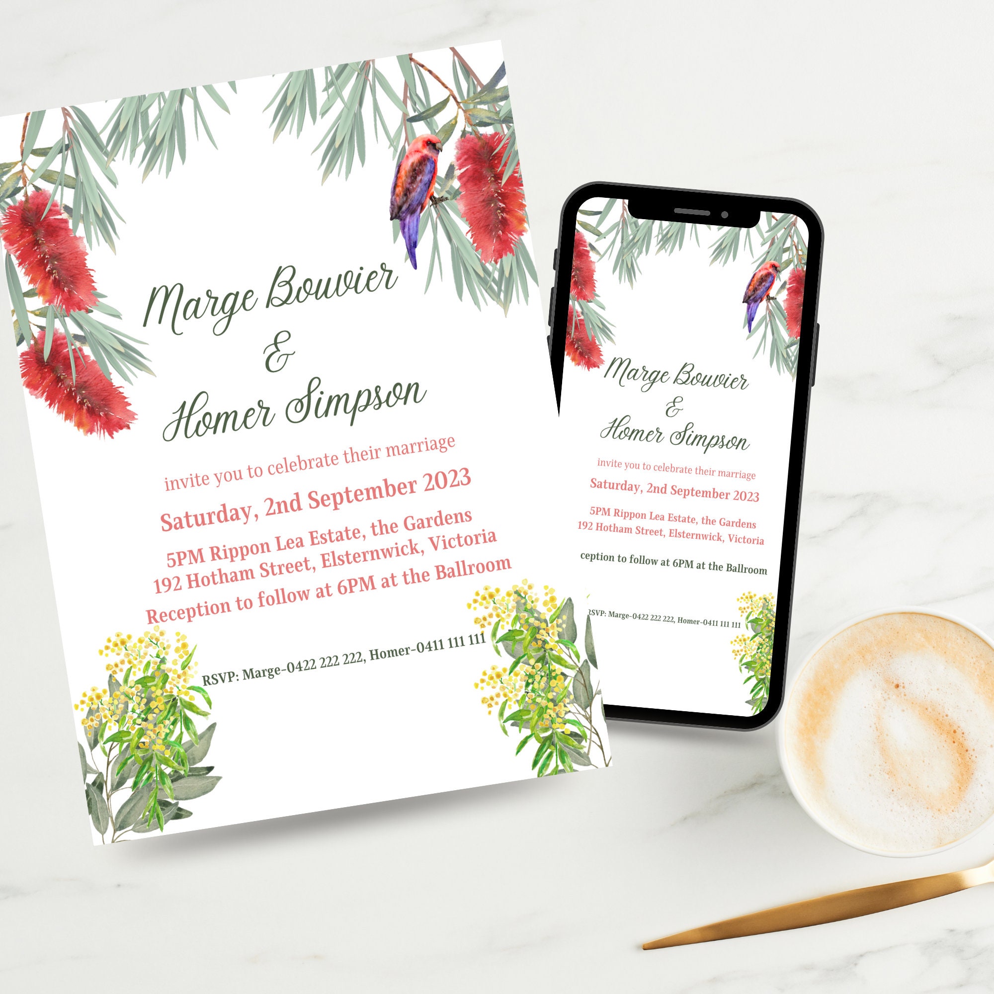 Australian Floral Wedding Invitation Template, Editable Digital ...