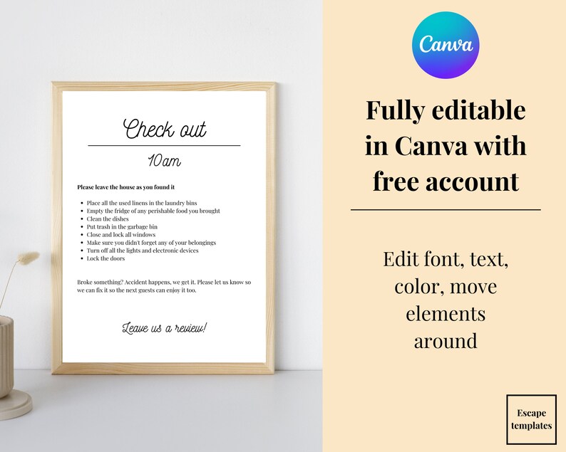Airbnb Check Out Sign Template Canva, Short Term Rental Editable Guest ...