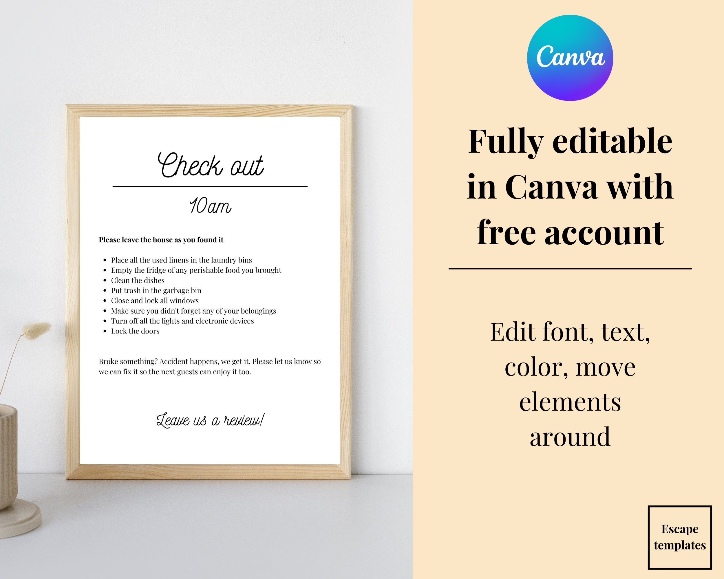 Airbnb Check Out Sign Template Canva, Short Term Rental Editable Guest ...