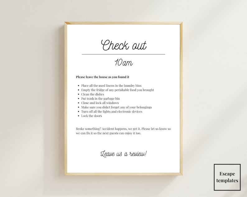 Airbnb Check Out Sign Template Canva, Short Term Rental Editable Guest ...