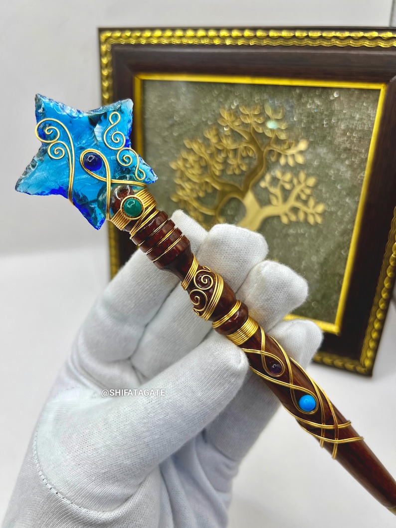 Blue Crystal Star Wand Pen | Handcrafted Wood, Gold Wire Wrap, Gemstone ...