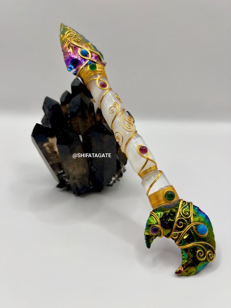 Aura Quartz & Selenite Crystal Healing Wand - Wire Wrapped Energy Tool ...