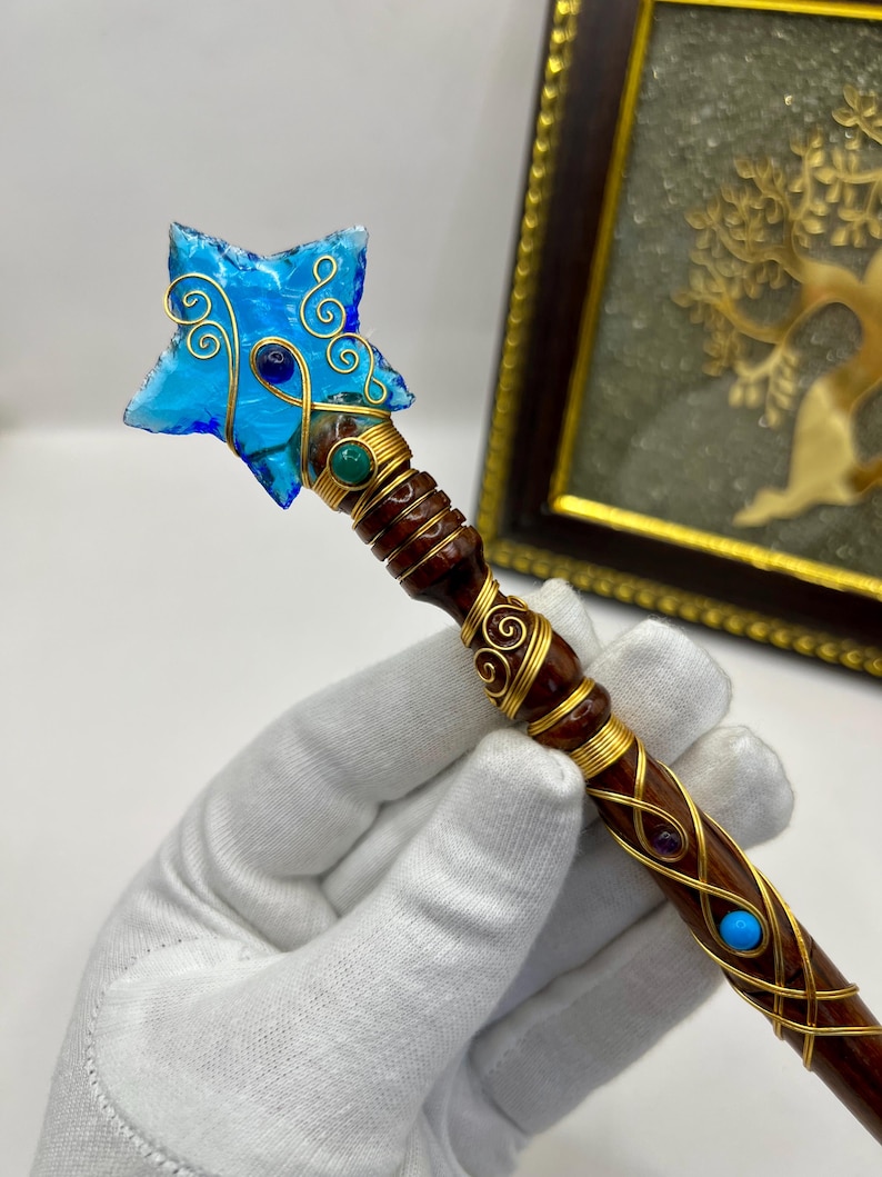Blue Crystal Star Wand Pen | Handcrafted Wood, Gold Wire Wrap, Gemstone ...