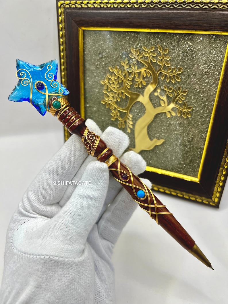 Blue Crystal Star Wand Pen | Handcrafted Wood, Gold Wire Wrap, Gemstone ...