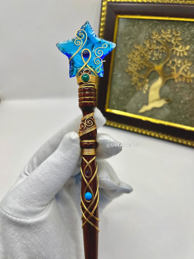 Blue Crystal Star Wand Pen | Handcrafted Wood, Gold Wire Wrap, Gemstone ...