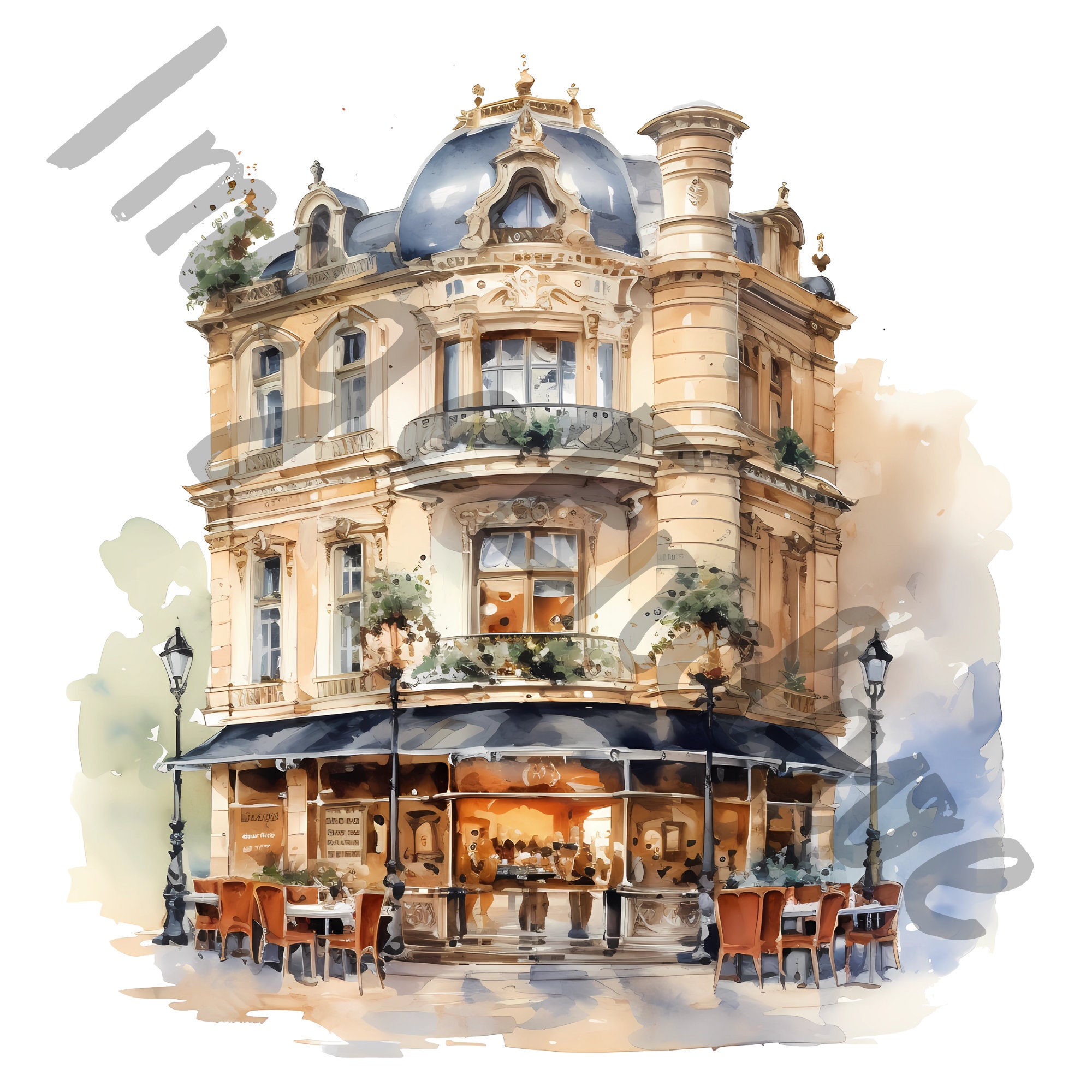 European Cafe Watercolor Clipart, Café Interior Clipart, Vintage ...