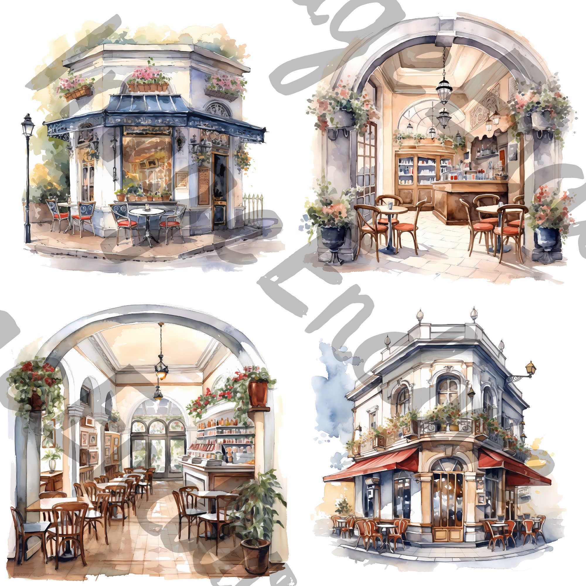 European Cafe Watercolor Clipart, Café Interior Clipart, Vintage ...