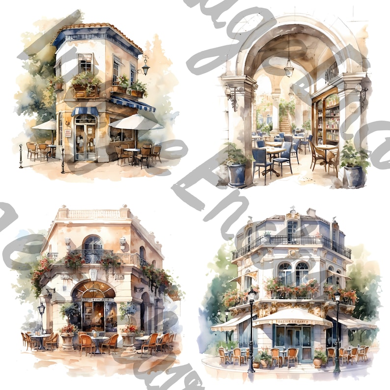 European Cafe Watercolor Clipart, Café Interior Clipart, Vintage ...