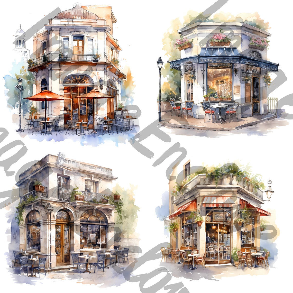 European Cafe Watercolor Clipart, Café Interior Clipart, Vintage ...