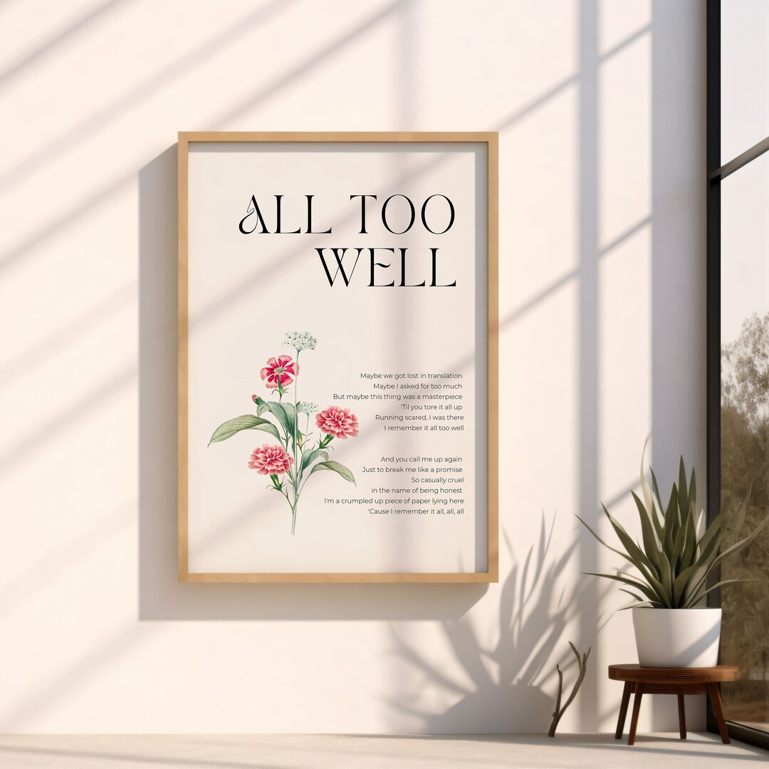 All Too Well Poster, All Too Well Floral Print, Retro Red Lyrics Poster ...