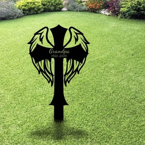 Custom Memorial Cross With Wings Metal Stake, Memorial Garden Decor ...