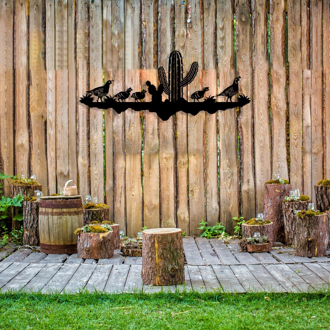 Cactus and Quail Metal Wall Sign, Quail Family in Desert Flat Decor ...
