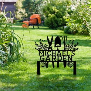 Custom Metal Garden Tools Sign With Stakes, Personalized Garden Name ...